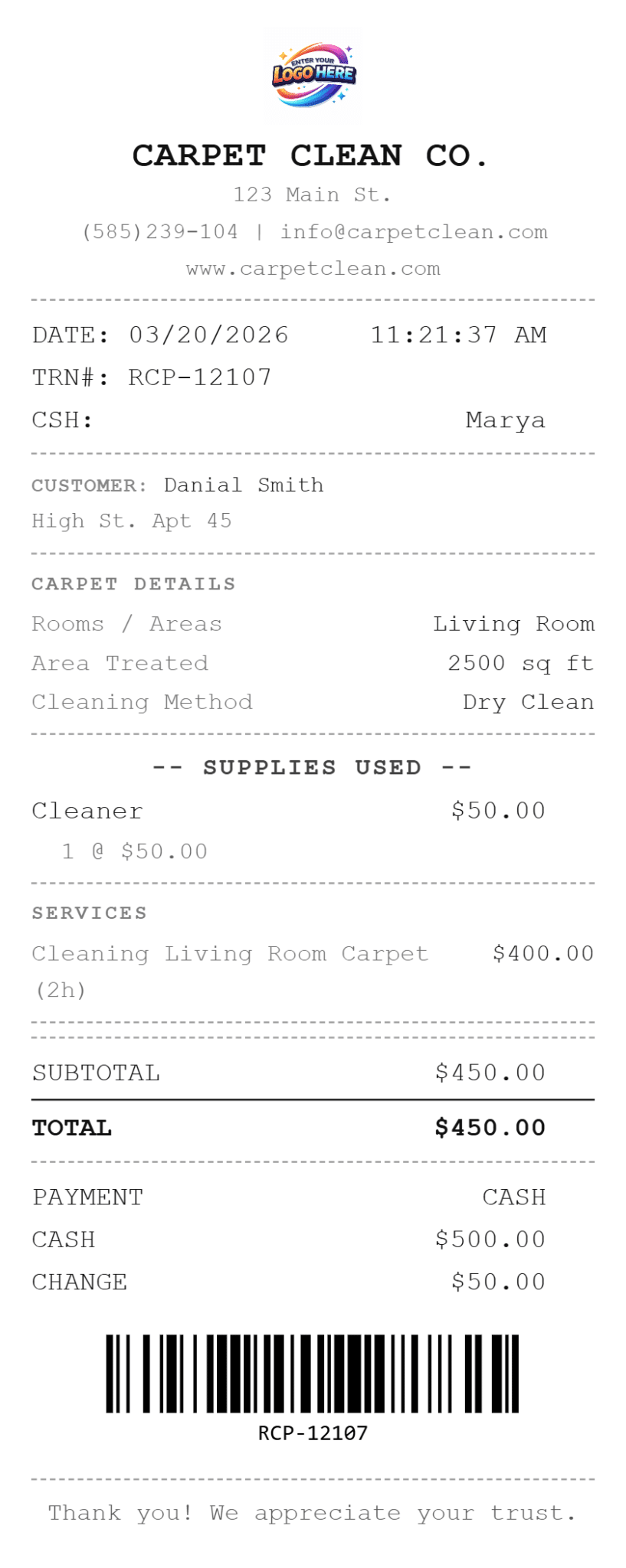 Free Cleaning Receipt Generator – House, Carpet & Office PDF ...