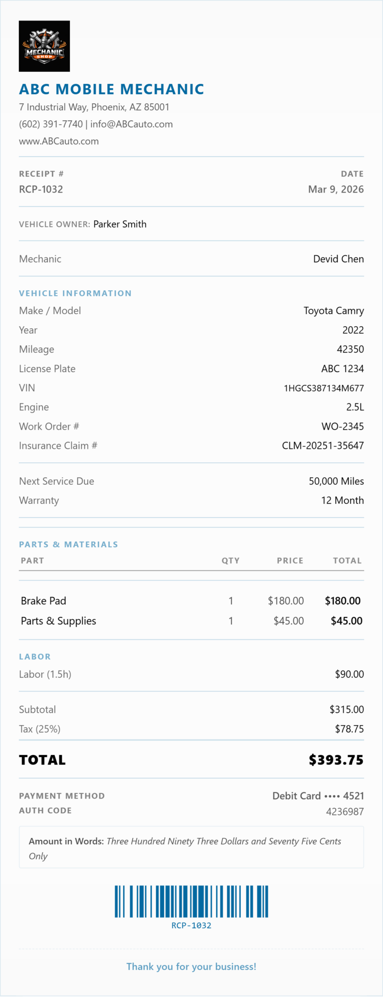 Free Mechanic Receipt Template — Auto Repair & Oil Change