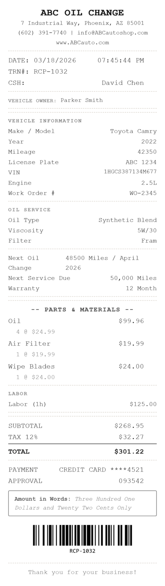Free Mechanic Receipt Template — Auto Repair & Oil Change