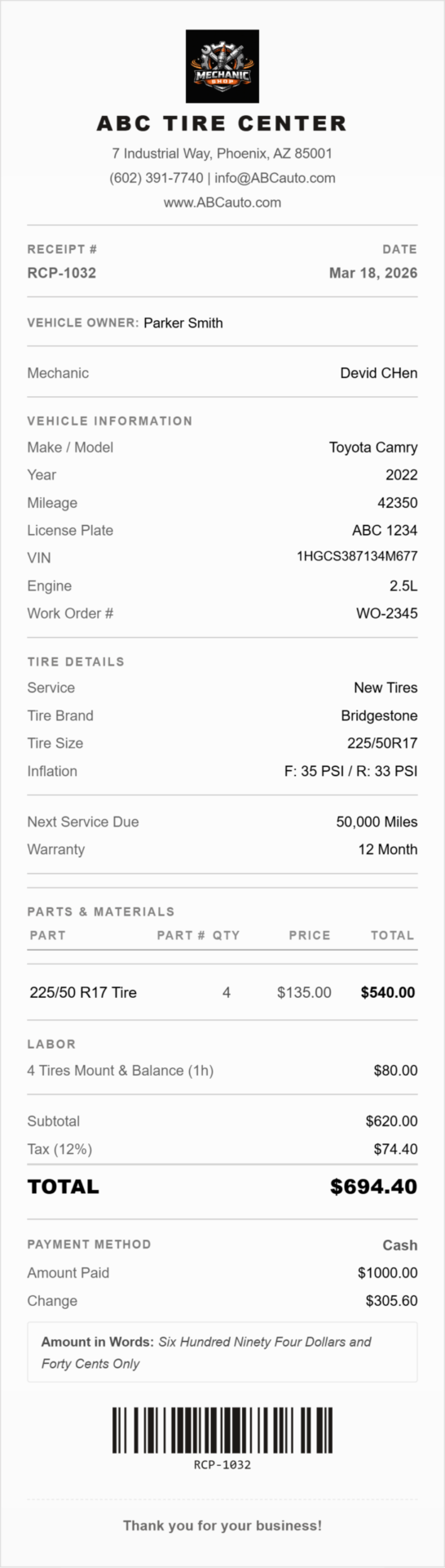Free Mechanic Receipt Template — Auto Repair & Oil Change