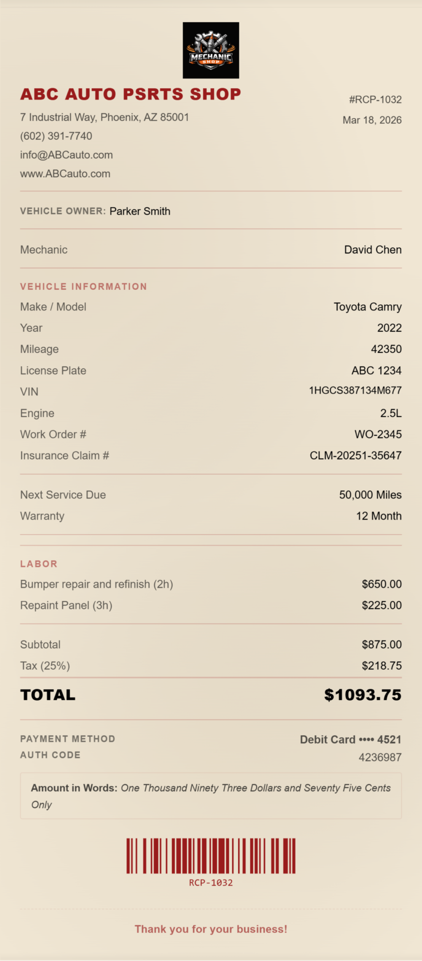 Free Mechanic Receipt Template — Auto Repair & Oil Change