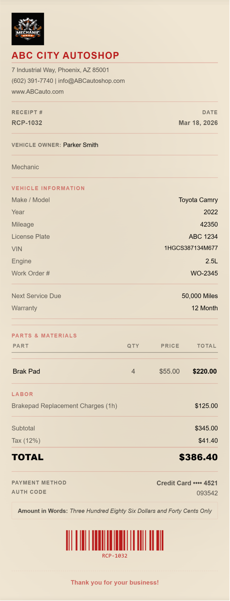 Free Mechanic Receipt Template — Auto Repair & Oil Change