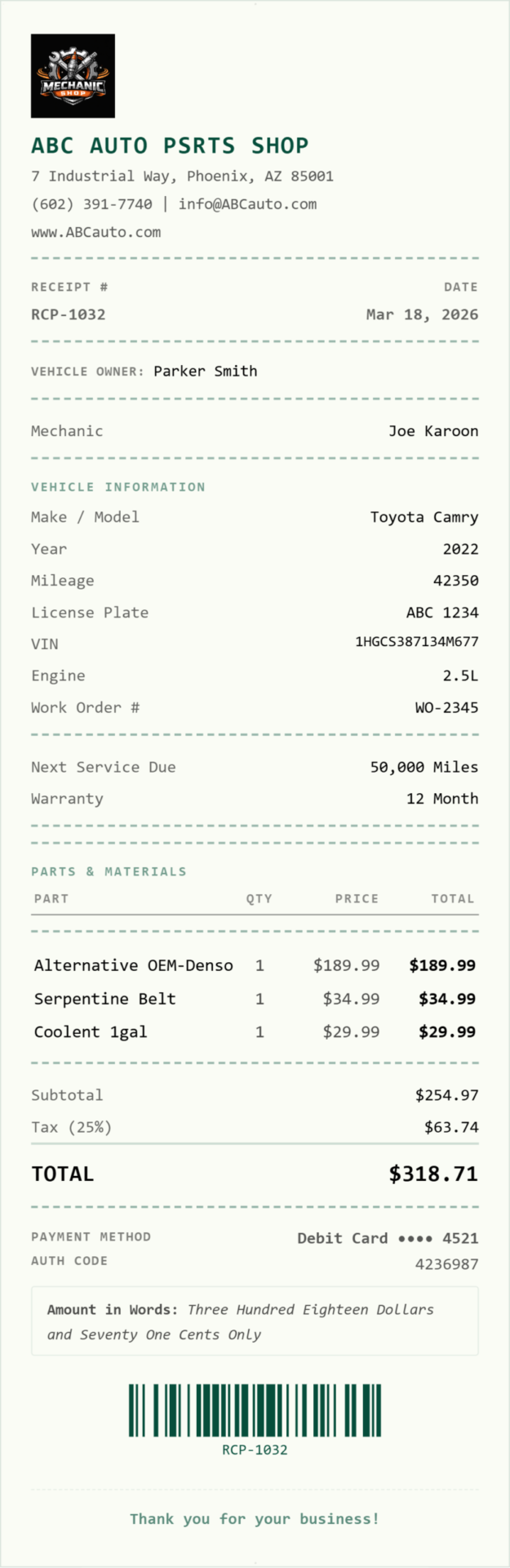 Free Mechanic Receipt Template — Auto Repair & Oil Change