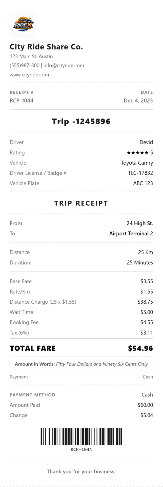 Free Taxi Receipt Generator — Printable Cab Receipt Template