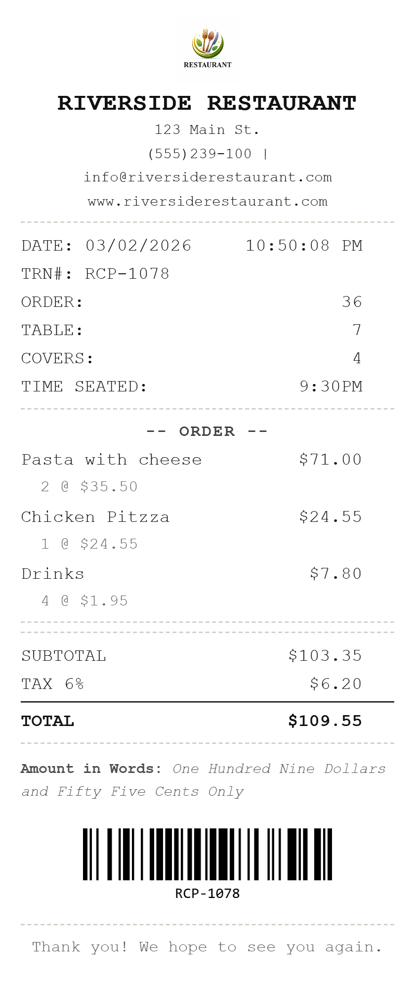 Free Restaurant Receipt Generator — Itemized & Printable