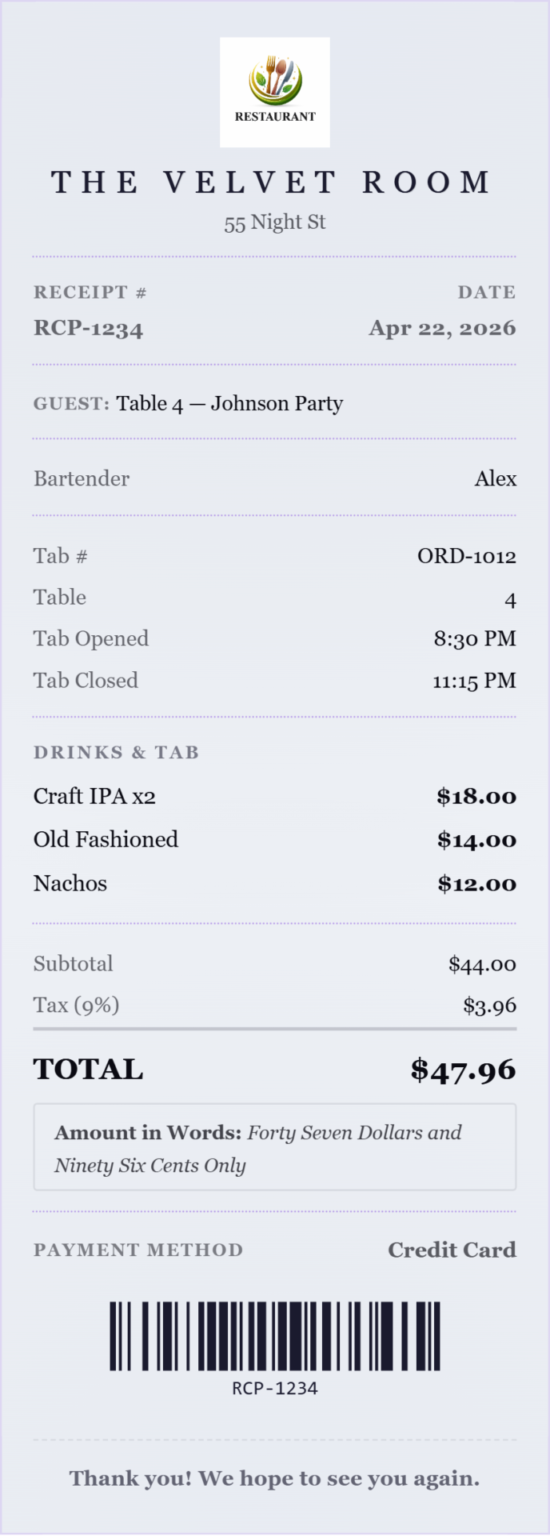 Free Restaurant Receipt Generator — Itemized & Printable