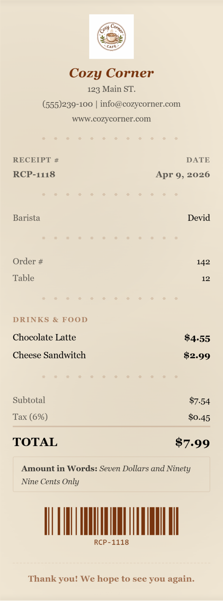 Free Restaurant Receipt Generator — Itemized & Printable